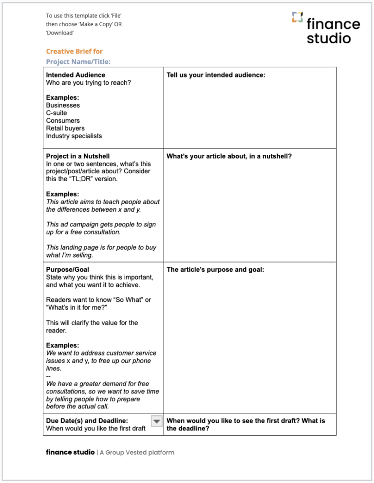 Finance Studio | The Ultimate Creative Brief